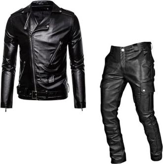 Generic Vestes en cuir synthétique pour homme, revers de moto asymétrique, fermeture éclair, coupe ajustée, manteau de motard 2025, veste et pantalon, vêtemen