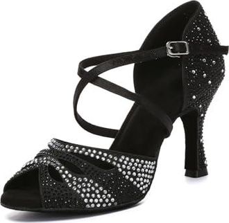 Minitoo Chaussures de danse latine pour femme avec perles de cristal strass Chaussures de mariage, L647 Noir 8 5 cm Talon, 37.5 EU