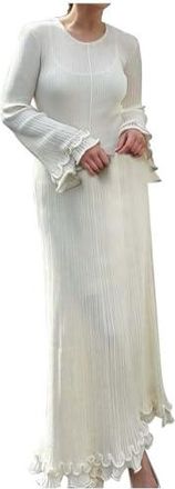 Generic Robes amincissantes 2026 automne 2024 europ&eacute;en et bordure couleur unie col rond manches longues coupe ajust&eacute;e robe pour femme, blanc, XS