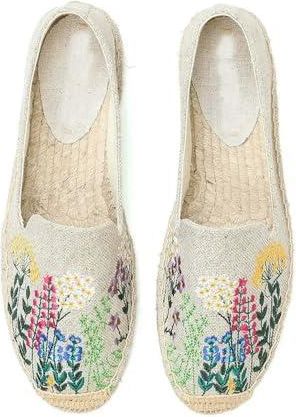 Generic QXDZSW Chaussures plates décontractées pour femme avec plateforme plate en chanvre brodé, bout rond, printemps/automne, confortable, Fleur beige, 41 E