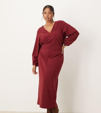 Pretty Lavish Curve Robe longueur mollet à manches longues et décolleté plongeant - Lie-de-vin-Violet