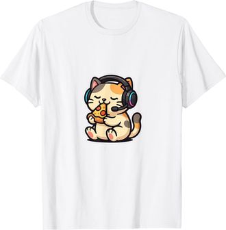 Hello Kitty Kawaii Katze Gaming Anime mit Pizza und Kopfh&ouml;rern T-Shirt