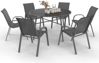 IDMarket Salon de jardin MADRID table ronde 120 CM et 6 chaises empilables gris anthracite