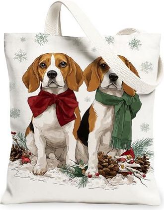 Generic Sacs fourre-tout en toile pour chiens de No&euml;l, motif beagle, sacs d&eacute;picerie r&eacute;utilisables, l&eacute;gers et lavables, blanc, 13x15 Inch