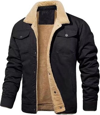 Generic Veste cargo en coton à revers pour homme avec col en fourrure doublée Sherpa Veste militaire décontractée boutonnée Manteau de travail chaud, Noir/bla