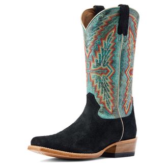 Ariat Mens Futurity Showman Western Boots in Black Roughout Roaring Turquoise, D Medium Width, Size 47, by Ariat