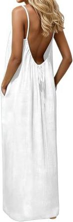 Generic Robe caraco d&eacute;contract&eacute;e pour femme, dos nu, couleur unie, robe caraco dos nu, robe d&eacute;t&eacute; d&eacute;contract&eacute;e sans manches avec noeud dans le dos, robe de pla