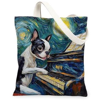 Generic Sac fourre-tout en toile r&eacute;utilisable pour faire du shopping Motif chien terrier de Boston 33 x 38,1 cm, motif piano nocturne &eacute;toil&eacute;, sac d&eacute;picerie po