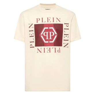 Philipp Plein Homme, Tops, Beige, Taille: 2XL T-Shirt Imprim&eacute; Col Rond Hexagon