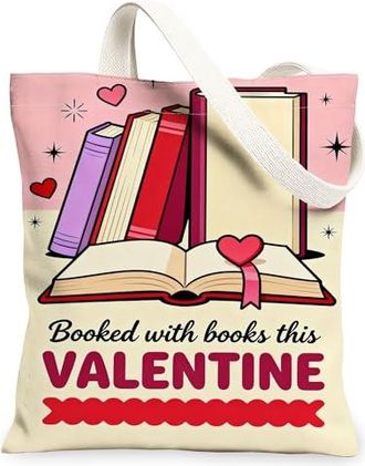 Generic Sacs fourre-tout en toile pour la Saint-Valentin, motif livre mignon, sacs d&eacute;picerie r&eacute;utilisables, l&eacute;gers et lavables en toile pour Sh, p&ecirc;che, 13x15 