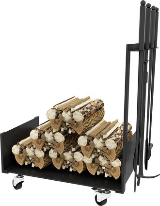 OUTSUNNY Kaminholzregal Feuerholzregal mit R&auml;dern, Schaufel, Besen, 48 x 30 x 76 cm Brennholzregal mit Sch&uuml;rhaken, Zange, Seitenhaken f&uuml;r Indoor, Outdoor, Meta