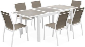 Sweeek Salon de jardin table extensible - Orlando - Table en aluminium 150/210cm et 6 chaises en textil&egrave;ne Blanc / Taupe