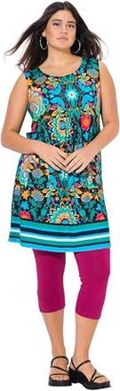 Ulla Popken Jersey-minikleid, Blüten, A-Linie, Rundhals, Ärmellos Robe Swing avec Bordure imprimée, Vert Menthe, 48-50 Femmes