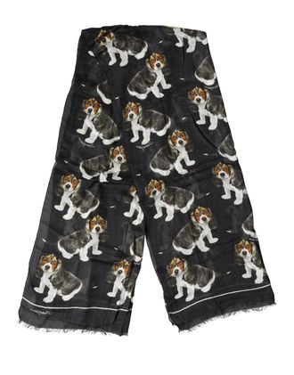 Dolce & Gabbana Mens Black Dog Print Modal Wool Wrap Foulard 178cm X 63cm Scarf