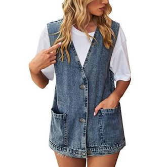 Generic Veste en jean extensible pour femme - Style r&eacute;tro - Couleur unie - Sans manches - Style d&eacute;contract&eacute; - Avec boutons - Style vintage - Manches longues, 