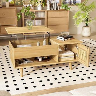 Liberte Table basse moderne avec plateau relevable et portes en rotin- Bois - 103 cm