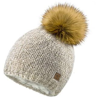 morefaz Bonnet dhiver en laine de mohair pour femme - Bonnet tricot&eacute; en laine de mouton avec doublure polaire et pompon, M