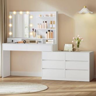 Vasagle Kailyn Collection - Coiffeuse avec Miroir LED et Multiprise, 9 Ampoules, 8 Tiroirs, 3 &Eacute;tag&egrave;res, &Eacute;clairage 3 Couleurs, Modulable en Ligne ou en L, Tabl