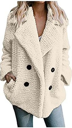 Generic Veste en peluche Fuzyy pour femme - Manteau dhiver à revers double boutonnage - Grande taille - Manteau dextérieur ample avec poches - Tenue chaude po