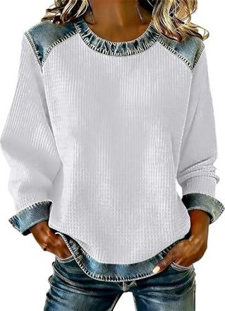 Generic Sweat-shirt &agrave; manches longues et col en jean pour femme - Haut d&eacute;contract&eacute; l&eacute;ger &agrave; manches longues - Pull tunique, blanc, XXL