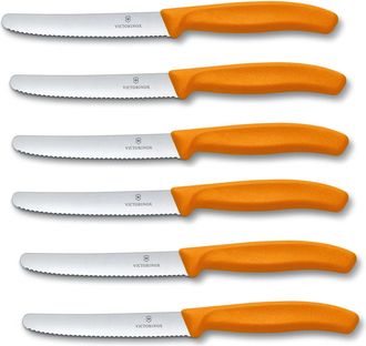 Victorinox by Swiss Army | Küchenmesser-Set | 6 Stück Orange | Klingenlänge: 11cm | Extra scharfer Wellenschliff | Tafelmesser mit ergonomischen Griff