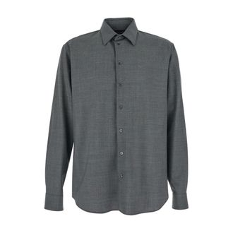 Emporio Armani Homme, Chemises, Gris, Taille: XL Chemise en laine &agrave; logo brod&eacute;