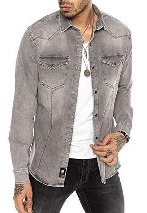 Red Bridge Chemise en Denim Jeans à la Mode pour Hommes en Coton avec Manches Longues Gris M