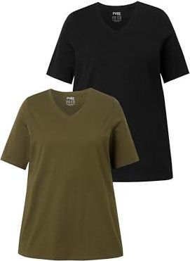 Ulla Popken T- Shirts, 2er-Pack, V-Ausschnitt, Halbarm, Biobaumwolle, Olive, 54-56 Femmes