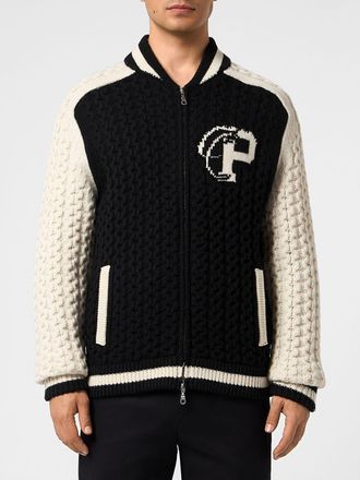 Philipp Plein Woll-Bomber-Cardigan mit Rei&szlig;verschluss und Jacquard-Logo