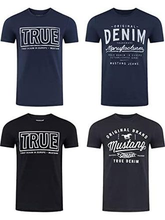 Mustang Jeans Mustang Lot de 4 t-shirts pour homme avec imprim&eacute; sur le devant et col rond - M&eacute;lange de couleurs bleu et noir - Multicolore - X-Large