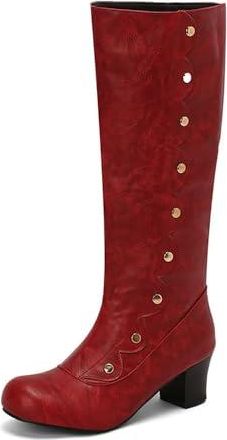 Generic Bottes d&eacute;quitation vintage victoriennes avec d&eacute;cor clout&eacute; confort talon bas bout rond chaussures dhiver d&eacute;contract&eacute;es pour femme, Rouge, 39.5 EU