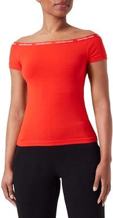 Calvin Klein Jeans Womens LOGO ELASTIC BARDOT TOP Other Knit Tops, Fiery Red, XS