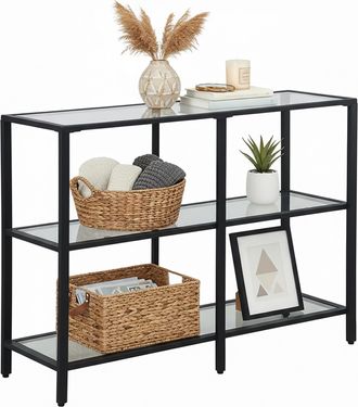 Relaxdays Konsolentisch, HxBxT: 73 x 100 x 30 cm, Metall, Glas, schmale Konsole Flur, Flurtisch mit 3 Ablagen, schwarz