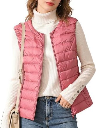 Generic Gilet sans manches pour femme grande taille, l&eacute;ger et matelass&eacute;, court, sans col, zipp&eacute;, pliable, rose, taille M