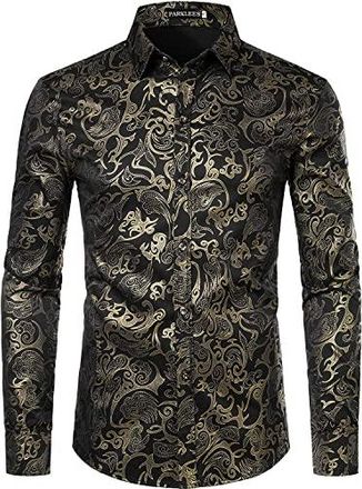 PARKLEES Chemise de luxe pour homme, imprimé élégant, coupe ajustée, boutonnée Motif cachemire doré brillant, XXL