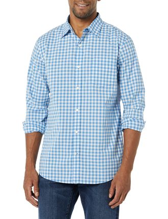 Amazon Essentials Herren Langärmeliges Hemd Aus Stretch-Popeline Mit Schlanker Passform, Hellblau Weiß Vichy-Muster, XXL