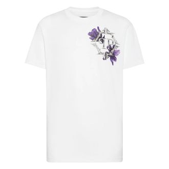 Philipp Plein Homme, Tops, Blanc, Taille: 4XL T-Shirt Col Rond Flowers