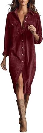 Generic Robe chemise longue en velours c&ocirc;tel&eacute; pour femme - Robe chemise marron pour femme, chemises boutonn&eacute;es, manches longues avec col et poches, robes midi