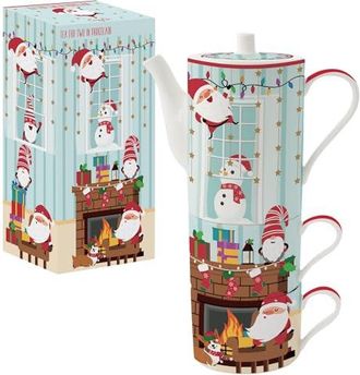 Easy Life Teekanne 500 ml + 2 Frühstückstassen, 240 ml, stapelbar, aus Porzellan, Santa by the Fire