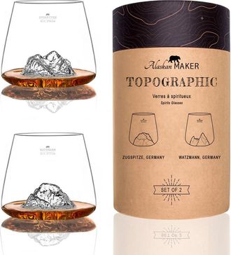 Alaskan Maker Whiskygl&auml;ser 350 ml (2er Set) | Hochwertiges mundgeblasenes Kristallglas mit Bergrelief | Tulpenform | Spirituosen TOPOGRAPHIC (Zugspitze & Watzmann)