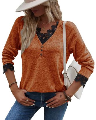 Onsoyours Damen Herbst Winter Pullover Oberteile Sexy Strickpullover Mode Einfarbig Sweater mit Spitze V-Ausschnitt Farbblock Langarmshirt Warm Pulli Jumper A O