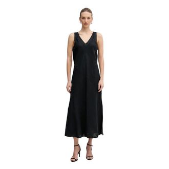 DKNY Dkny - Robe en lin &agrave; encolure en V - Femme - Robes - Noir - Taille: 36 FR