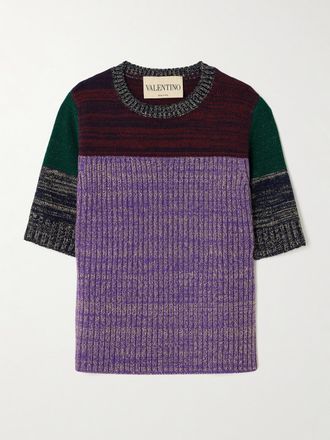 Valentino Garavani Pull Color-block En Laine M&eacute;lang&eacute;e C&ocirc;tel&eacute;e M&eacute;tallis&eacute;e - Violet