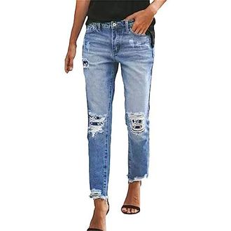 Generic Jeans coupe ajust&eacute;e pantalon en jean d&eacute;contract&eacute; skinny pour femme jean d&eacute;lav&eacute; &agrave; jambe droite boutonn&eacute;e chemise en jean pour femme, bleu marine, XL
