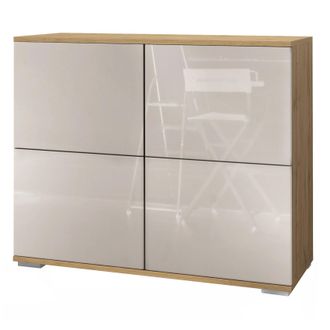 Vladon Kommode Rova V3, Moderner Küchenschrank mit 4 Push-to-Open Türen Eiche Evoke/Sandgrau Hochglanz (92,5 x 75.5 x 35)