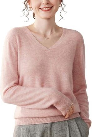 Dissa Pull Cachemire Femme Col V Uni Tricot&eacute; en Vrac Manches Longues Fin Pull en Cachemire et Laine,Rose,EU 38,MH605