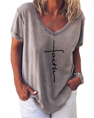 Minetom Damen Sommer T-Shirt V-Ausschnitte Loose Kurzarm Blusen Oversize Shirt Oberteile F Grau 40