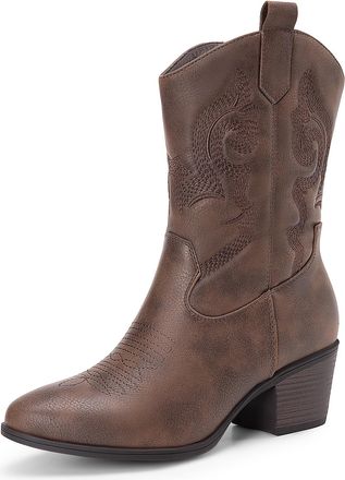 Dream Pairs Damen Cowboy Stiefel, Kn&ouml;chelhohe Cowgirl Stiefel mit Stickerei, runde Zehen, Western Chunky Niedrigabsatz Schuhe,Size 37,Braun,DWUMMB2505