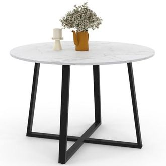IDMarket Table à Manger Fixe Ronde Selma 4-6 Personnes Plateau Effet marbre Blanc Alaska et Noir 110 cm