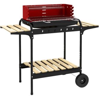 OUTSUNNY Barbecue &agrave; charbon sur pied grille r&eacute;glable 2 roues 3 &eacute;tag&egrave;res r&eacute;cup&eacute;rateur de cendres rouge